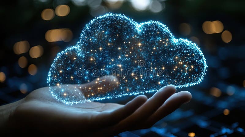 Hand Holding Glowing Cloud, Night City Background, Data Storage Concept Stock Illustration ...