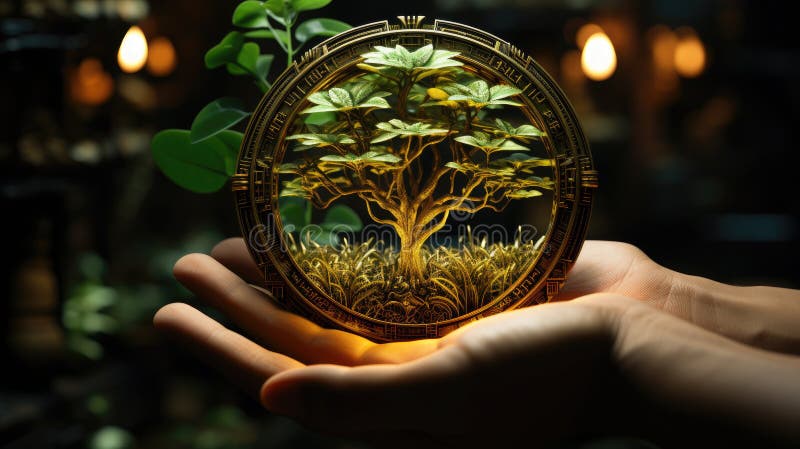 A Hand Holding a Glowing Coin with a Tree Growing Inside it Stock ...