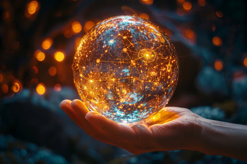 Hand Holding a Glowing Crystal Ball with Star Map Inside. Stock Image ...
