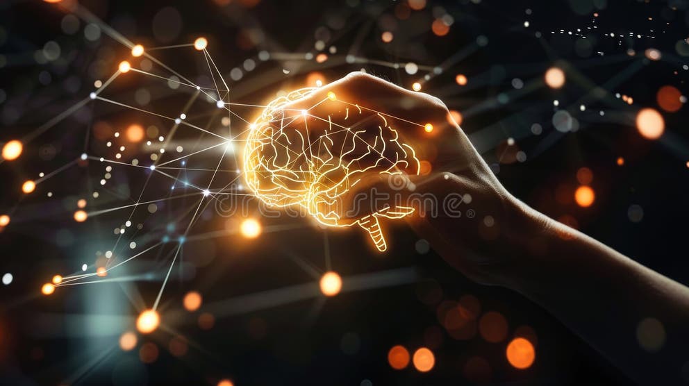 Hand Holding Glowing Digital Brain in Neural Network Stock Illustration ...