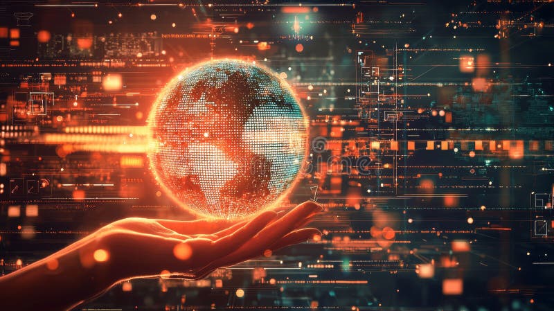 Hand Holding a Glowing Digital Globe in a High-tech Environment Stock ...