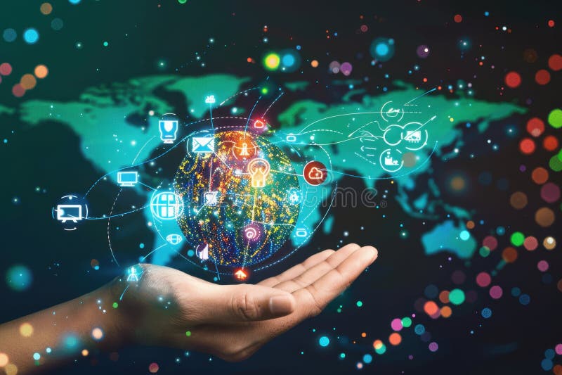 Hand Holding a Glowing Earth Connected with Digital Icons and Lines ...