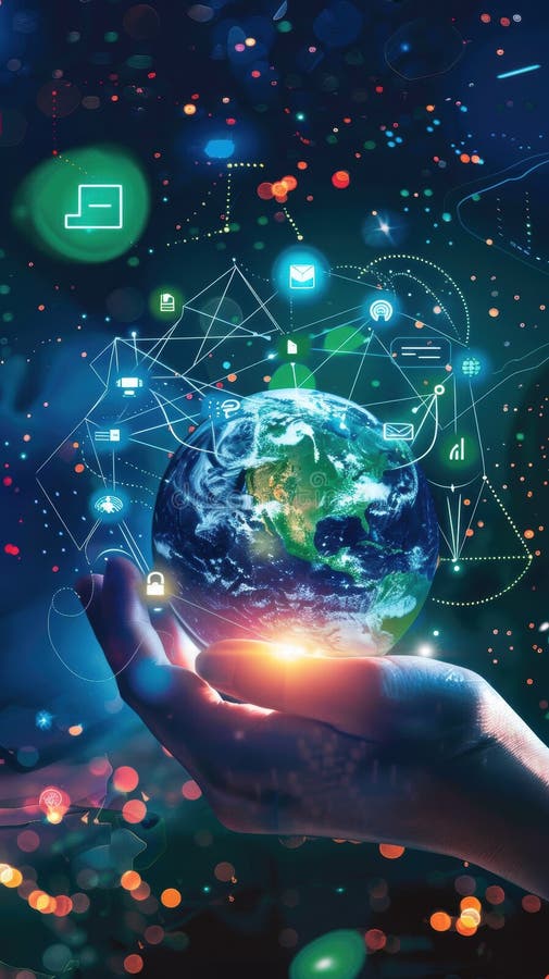 Hand Holding Earth with Network of Connected Icons Stock Illustration ...