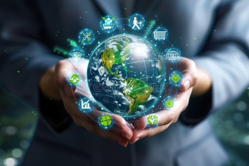 Hand Holding a Glowing Earth with Various Green Technology and ...