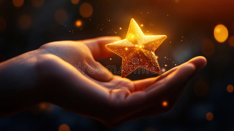 Hand Holding Glowing Golden Star with Sparkles in Dark Background Stock ...