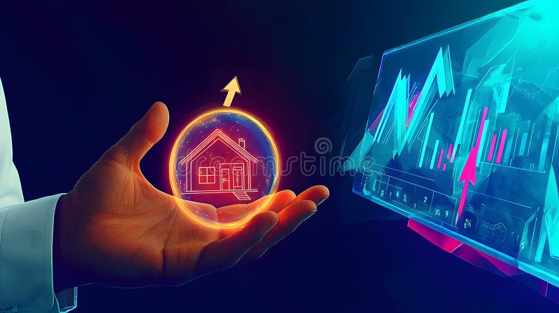 Hand Holding Glowing House Symbol with Data Analytics Stock ...