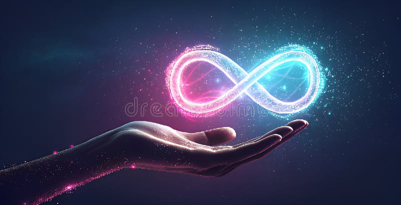 Hand Holding Glowing Infinity Symbol in a Cosmic Background ...