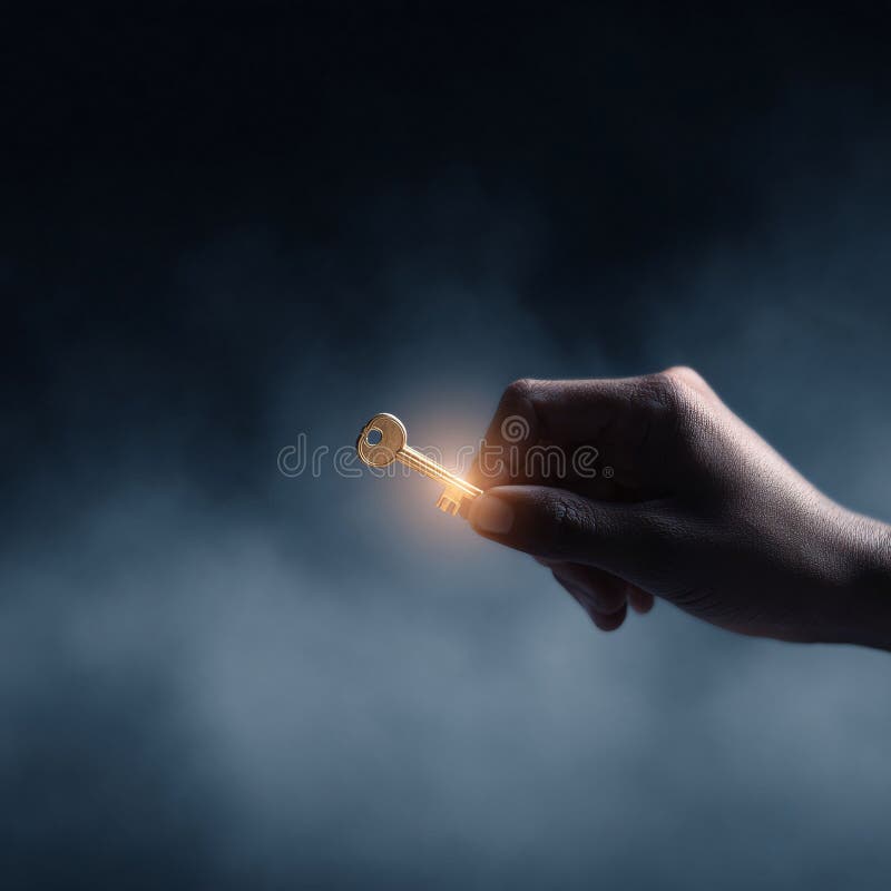 Hand Holding a Glowing Key Against a Dark, Misty Background. Represents ...