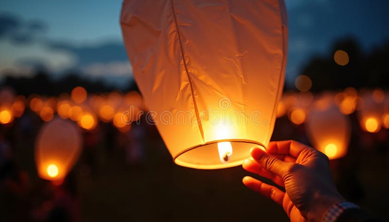Hand Holding Glowing Lantern in Evening Sky, Symbolizing Hope and Celebration Stock Illustration ...