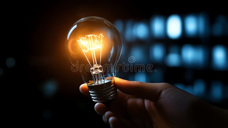 A Hand Holding a Glowing Light Bulb Against a Dark Background Stock ...