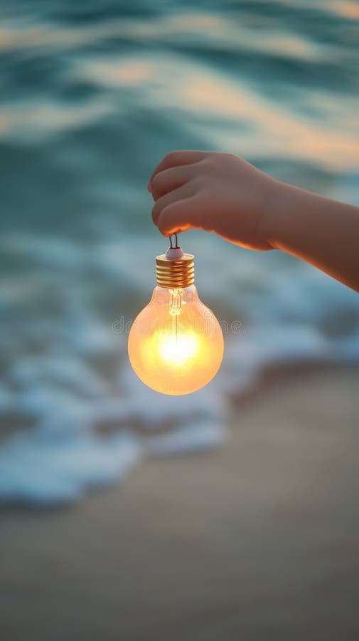 Hand Holding Glowing Light Bulb Against Ocean Background, Creativity ...