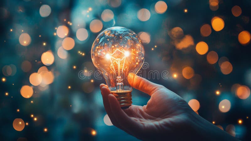 Hand Holding Glowing Light Bulb with Bokeh Stock Photo - Image of ...