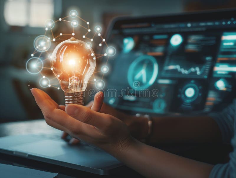 Hand Holding Glowing Light Bulb with Digital Network Stock Photo ...