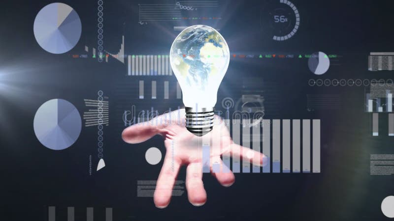 Hand Holding Glowing Light Bulb Over Digital Data and Graphs Animation ...