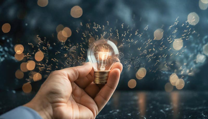 A Hand Holding a Glowing Light Bulb with Spark-like Particles ...