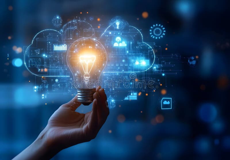 Hand Holding Glowing Lightbulb with Digital Cloud Technology Concept ...