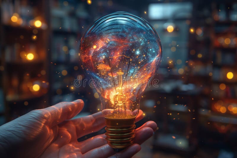 Hand Holding a Glowing Magic Light Bulb with Galaxy Inside Blending ...