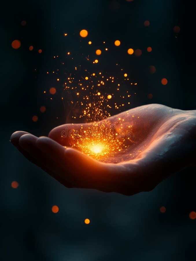 Hand Holding Glowing Magical Sparks in the Dark. Stock Image - Image of ...
