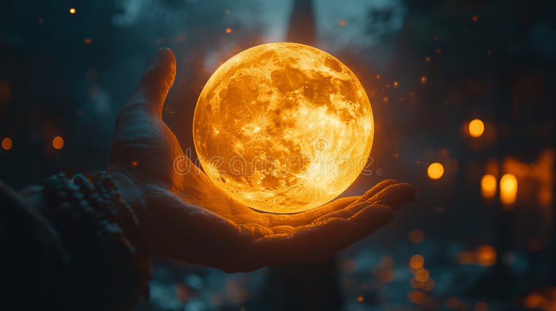 Hand Holding Glowing Moon Against Night Sky with Sparkling Lights Stock ...