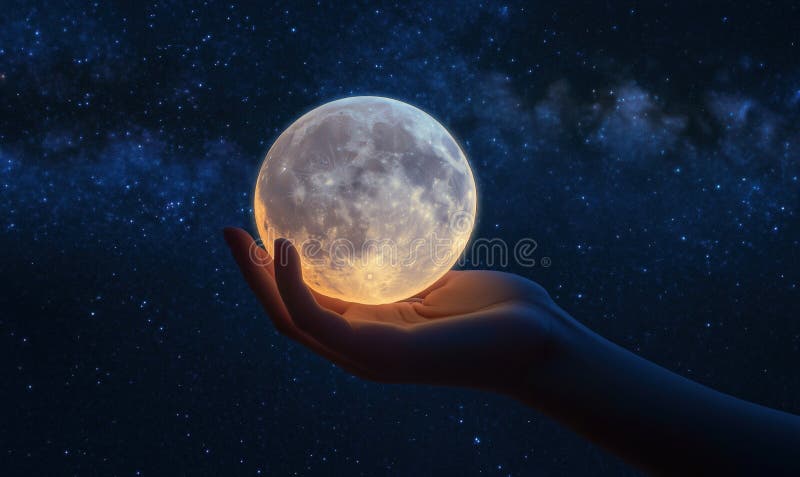 Hand Holding Glowing Moon Against Starry Night Sky with Galaxy ...