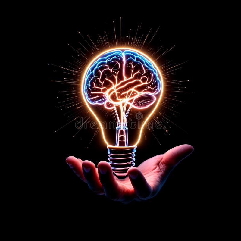 Hand Holding Glowing Neon Lightbulb with Brain - Creative Smart ...