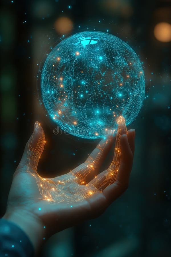 Hand Holding a Glowing Orb in a Mystical Setting with Cosmic Elements ...