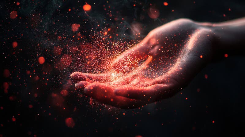 Hand Holding Glowing Particles in the Dark Stock Photo - Image of ...