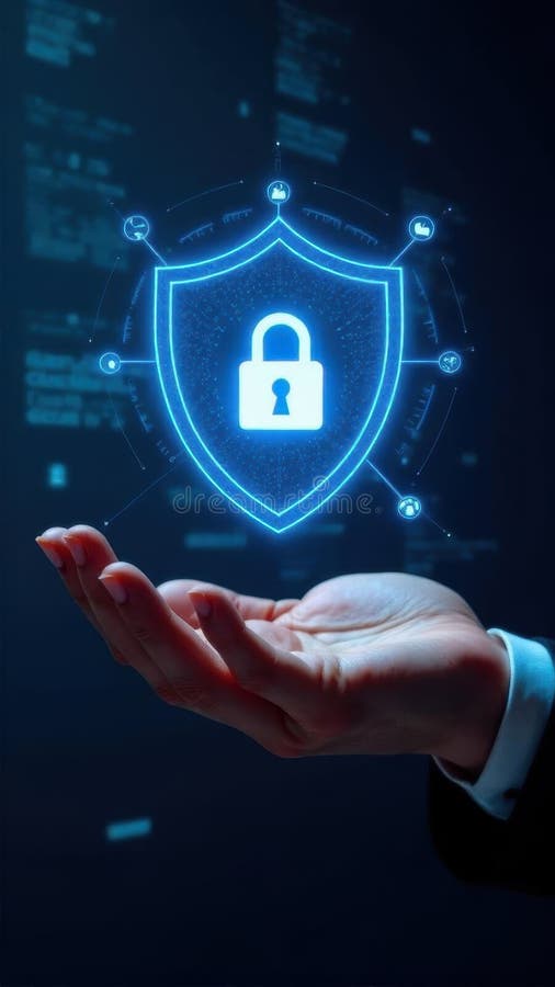 Digital Security Concept with a Hand Holding a Glowing Shield ...