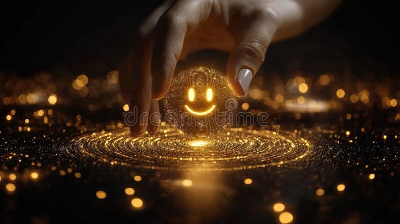 Hand Holding Glowing Smiley Face, Golden Light Effect, Dark Background ...