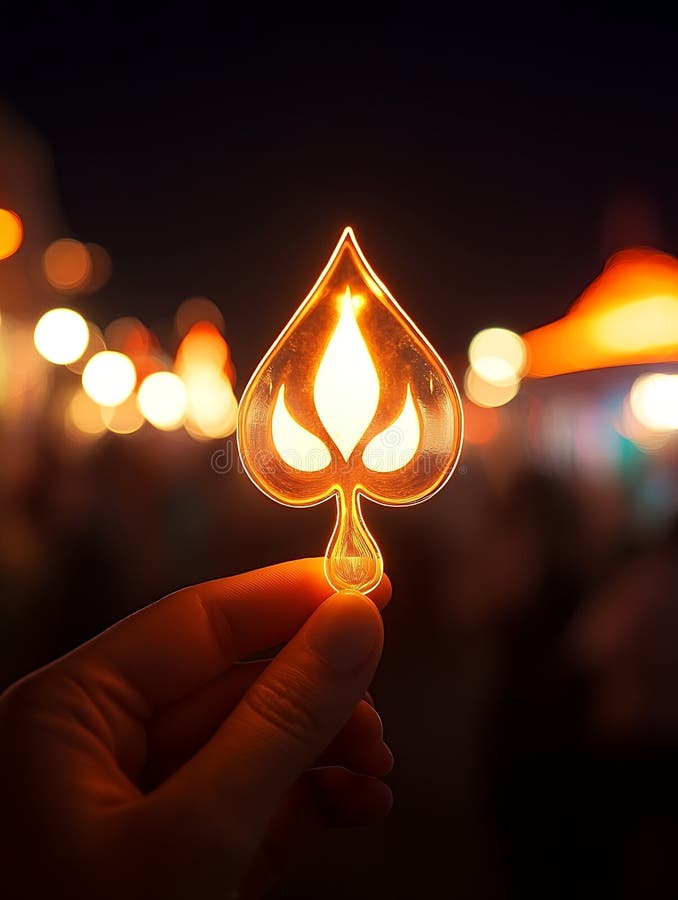 Hand Holding Glowing Spade Shaped Light Against a Blurred Background of ...