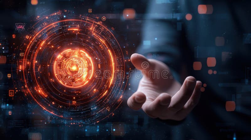 Hand Holding Glowing Sphere with Holographic Icons Stock Photo - Image ...