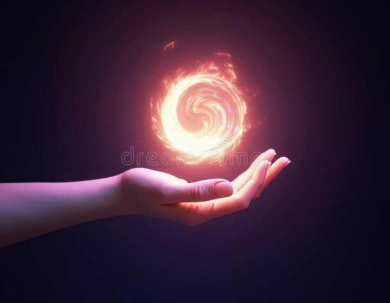 Hand Holding Glowing Spiral of Fire in Darkness Stock Image - Image of ...