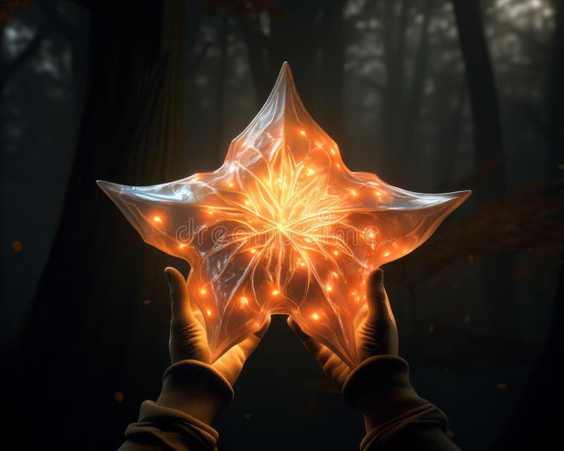A Hand Holding a Glowing Star in the Dark Forest Stock Illustration ...