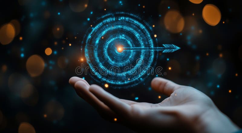 Hand Holding Glowing Target Digital Arrow Bokeh Lights Background Stock ...