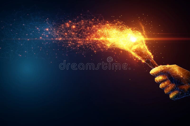 Hand Holding Glowing Torch Emits Sparks in Low Polygon Design Creating ...