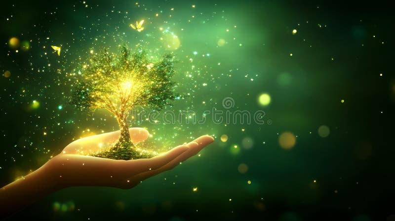 A Hand Holding a Glowing Tree: Protecting Our Planet Stock Photo ...