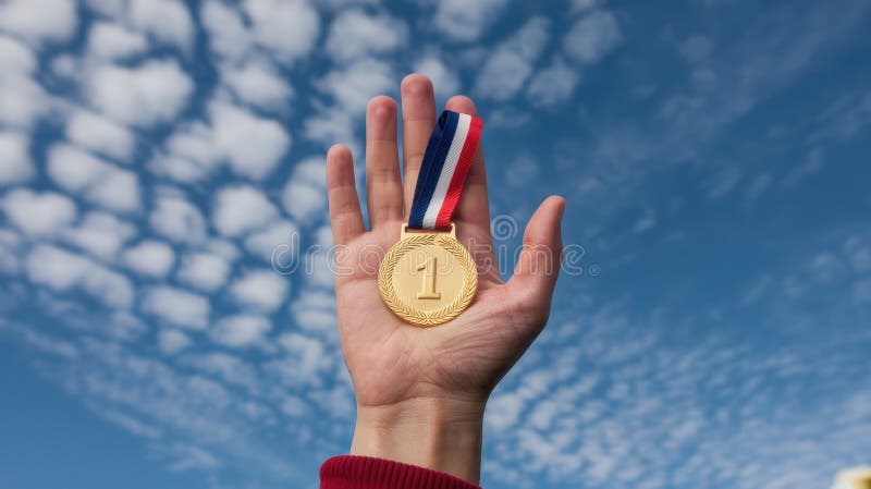 Hand Holding a Gold Medal with the Number 1 on it Stock Illustration ...