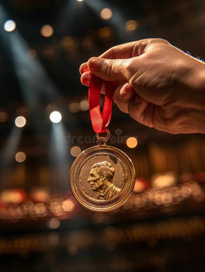 Hand Holding a Gold Medal on a Spotlighted Stage. Stock Photo - Image ...