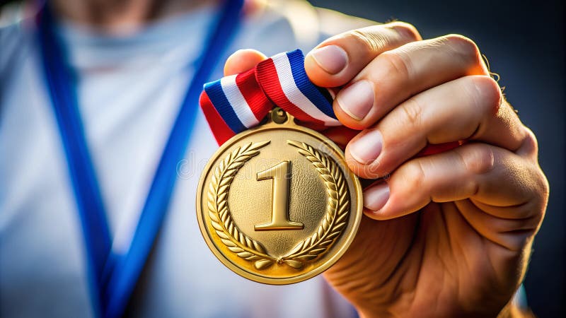 Hand Holding a Gold Medal with 1st Place, First Place Medal Stock ...