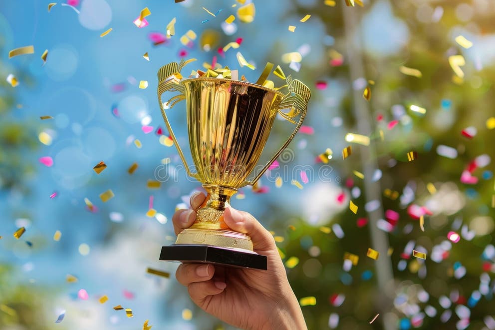 Hand Holding Gold Trophy Cup with Confetti Stock Illustration ...