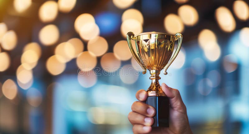 Hand Holding Gold Trophy Success Award Concept Stock Illustration ...