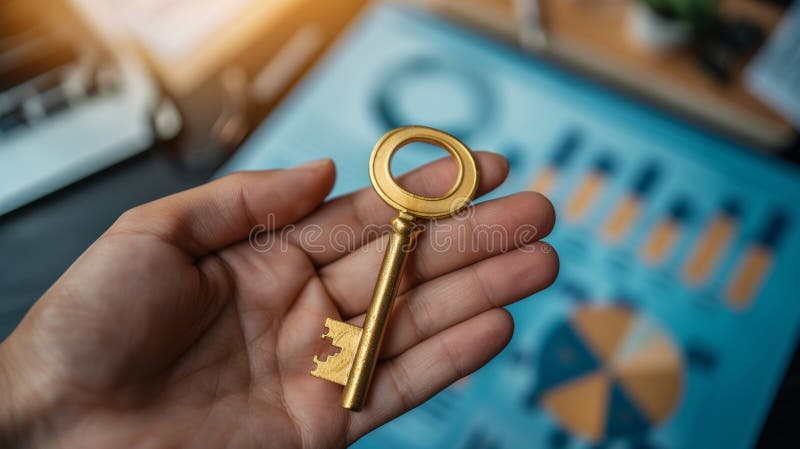 Hand Holding Golden Key in Front of Business Chart, Success Concept ...