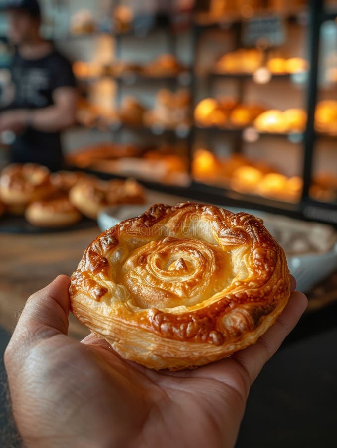 Hand Holding a Golden Pastry in a Bakery, Shelves of Bread Behind ...