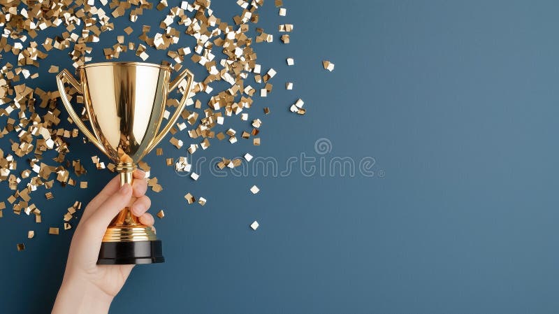 Hand Holding Golden Trophy with Confetti on Blue Background. Stock ...