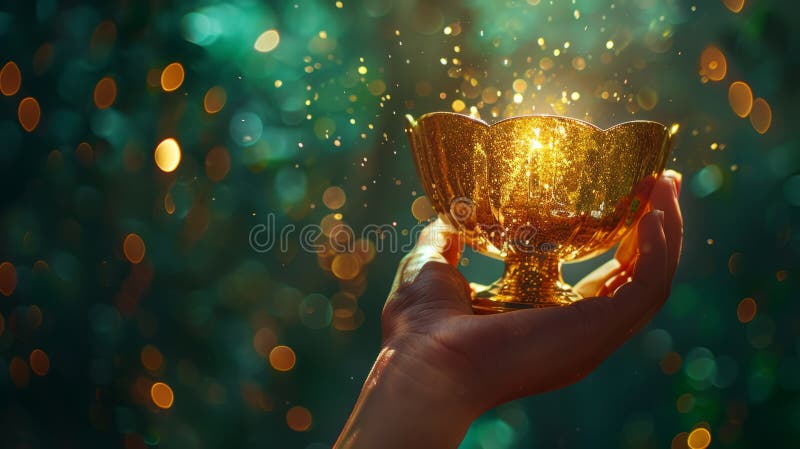 Hand Holding a Golden Trophy, with Sparkles Around it. Stock Image ...
