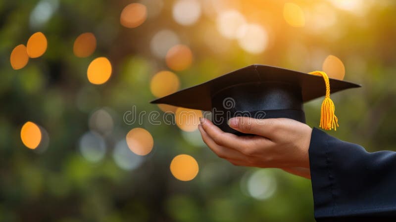 Graduation Cap, Trees and Back of Woman Outdoor for Education ...