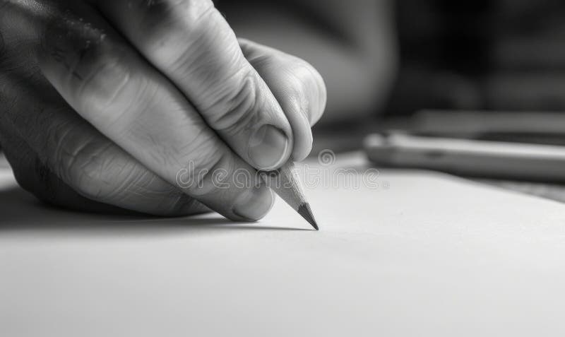 A Hand Holding a Graphite Pencil Poised Over a Blank Sheet of White ...