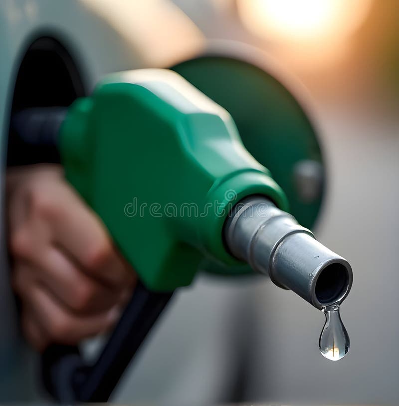 Hand Holding a Green Fuel Pump with Multiple Drops of Translucent Fuel ...