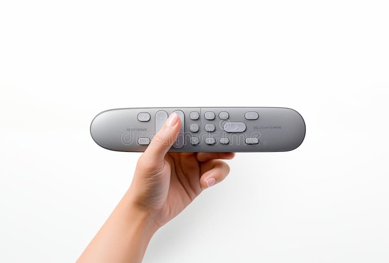 Hand Holding Grey Remote Control with Multiple Buttons on White ...