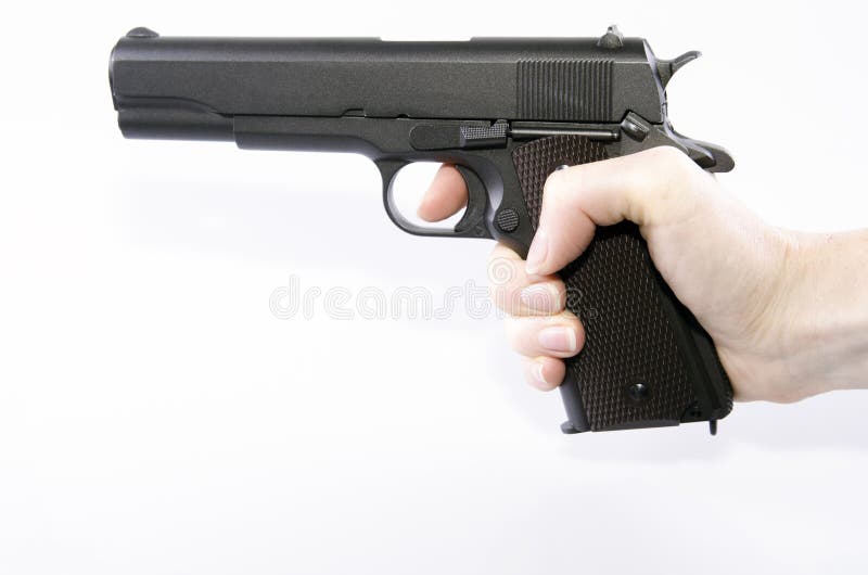 Hand Holding a Gun on a White Background Stock Photo - Image of hand ...